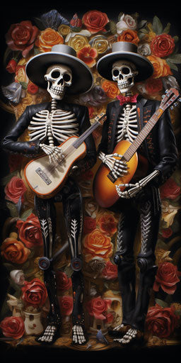 Two deaf skeleton musicians in front of a band poster – IMAGELLA