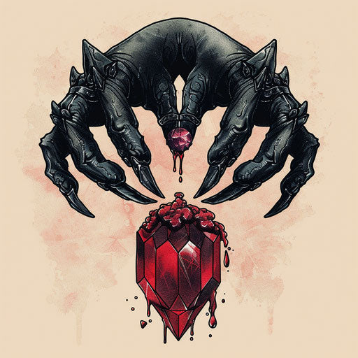 Bold tattoo sketch, ruby held by clawed hands – IMAGELLA