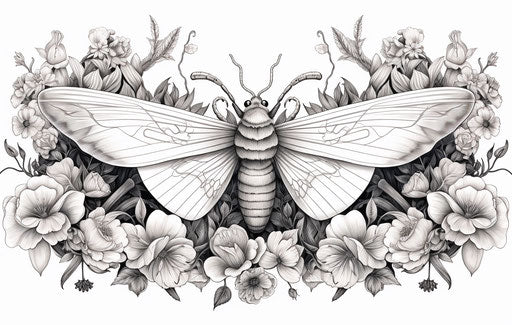 Moth and flowers detailed linework, realistic style – IMAGELLA