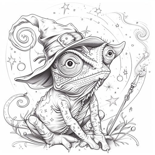 Whimsical chameleon in wizard hat and glasses – IMAGELLA