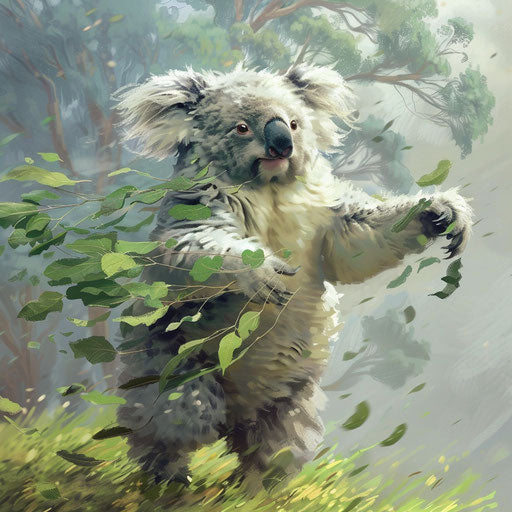 Koala on a windy day, fur ruffled by the breeze, dynamic and expressive ...
