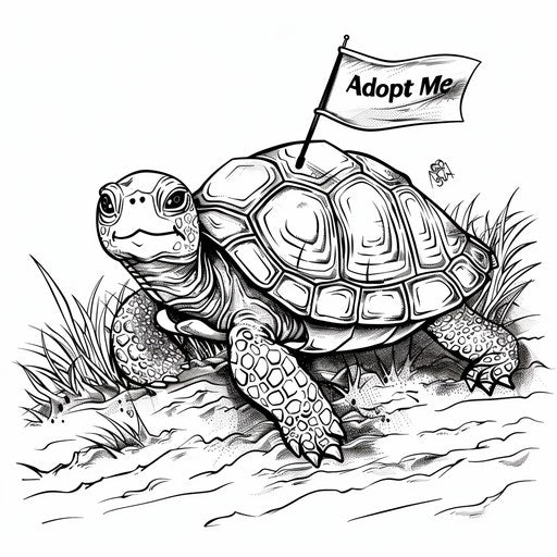 Whimsical drawing of a turtle with a small 'Adopt Me' flag on its shell ...