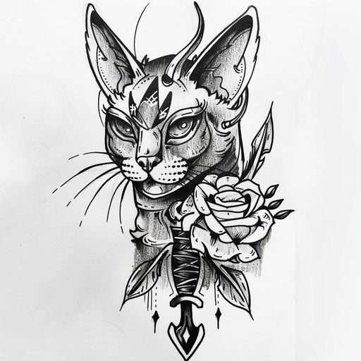 Old school flat tattoo sketch of Bastet with a vintage rose and dagger ...