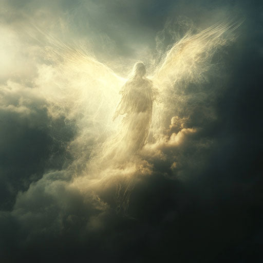 Angel descending through clouds, illuminating dark winter sky – IMAGELLA