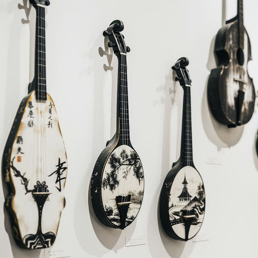 Chinese musical instruments as black ink tattoos on white wall – IMAGELLA