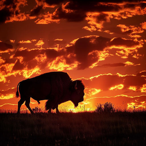 Bison silhouetted against a dramatic sunset – IMAGELLA