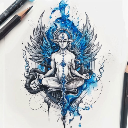 Serene flat tattoo sketch of an angel and devil meditating – IMAGELLA