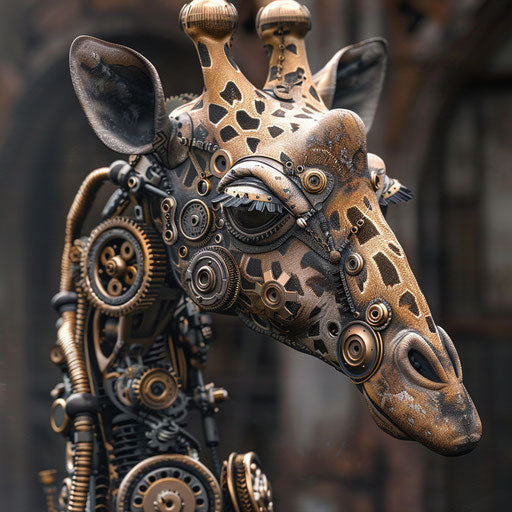 A steampunk giraffe with mechanical enhancements and gears – IMAGELLA