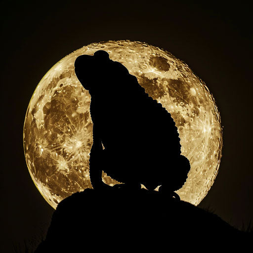 Silhouette of a Western leopard toad against the full moon on a rock ...