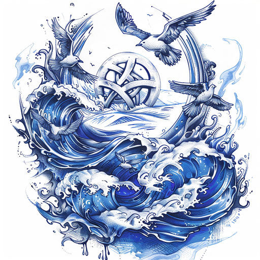 Nautical flat tattoo sketch of a rune with ocean waves and seagulls in ...