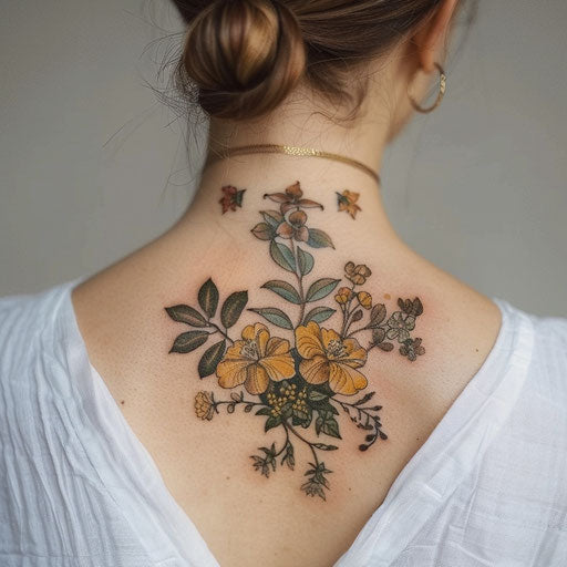 Botanical back neck tattoo in Maria Sibylla Merian style – IMAGELLA