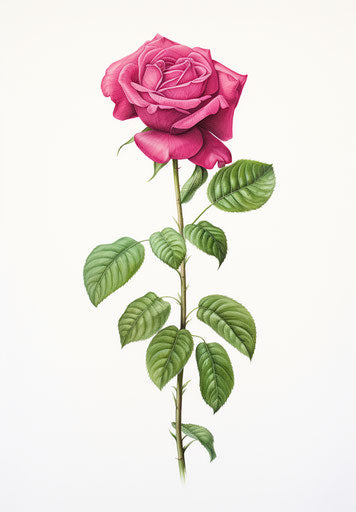 Print of rose with green foliage in detailed cross-hatching – IMAGELLA