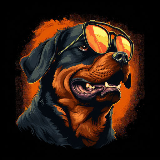 Orange rottweiler with sunglasses, tongue out of a mouth – IMAGELLA