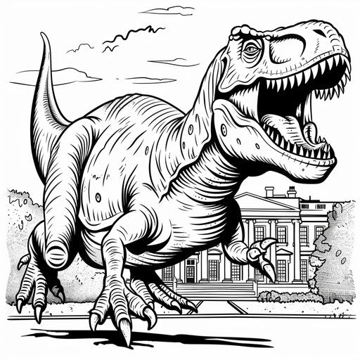 A satirical T-Rex in a political cartoon setting in the style of Walt ...