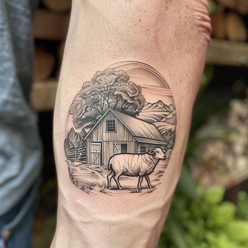 Flat rustic tattoo sketch of an old farm scene with sheep and barn ...