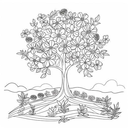 Outline of a tree with budding leaves and flowers – IMAGELLA