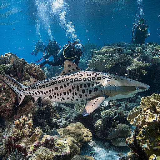 Leopard shark gliding by amazed divers near coral reef – IMAGELLA