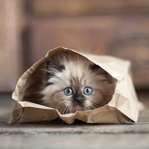 Himalayan kitten playing peek-a-boo in a paper bag – IMAGELLA