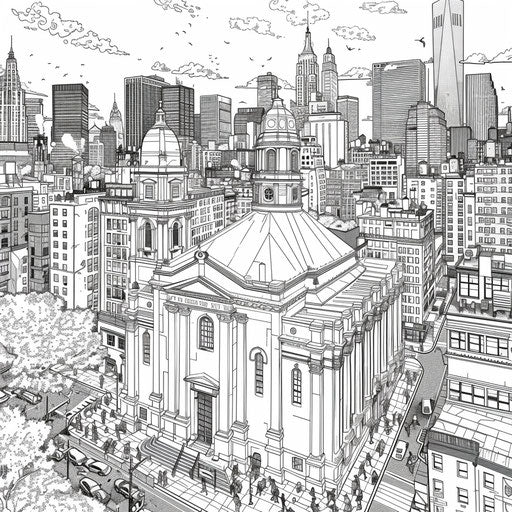 Busy city church with detailed surroundings, coloring page – IMAGELLA