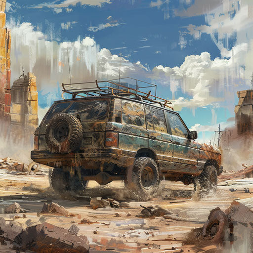 Post-apocalyptic Range Rover navigating dystopian wasteland – IMAGELLA