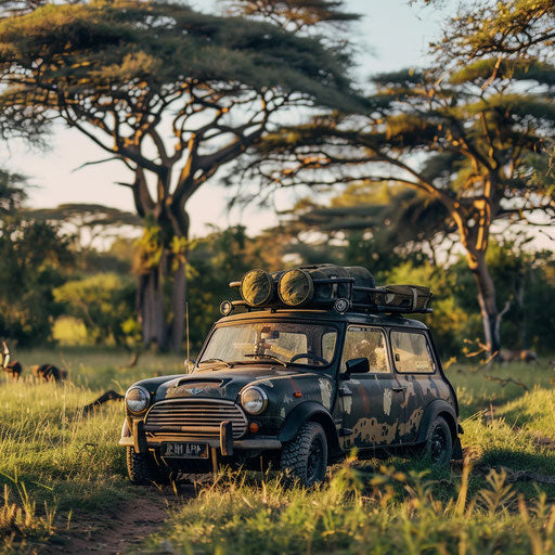 Safari Mini Cooper exploring African savannah wildlife – IMAGELLA