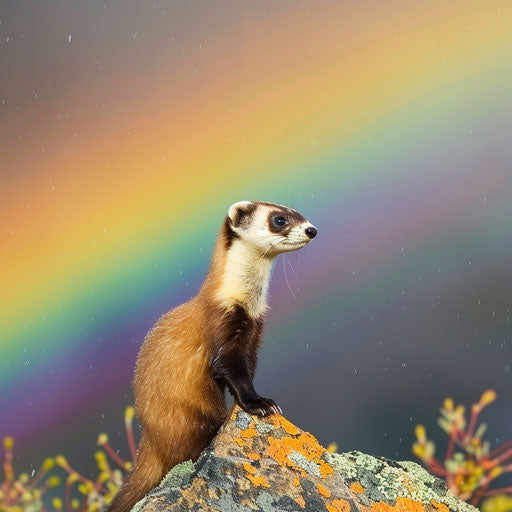 A majestic black-footed ferret standing on a rock, framed by a rainbow ...