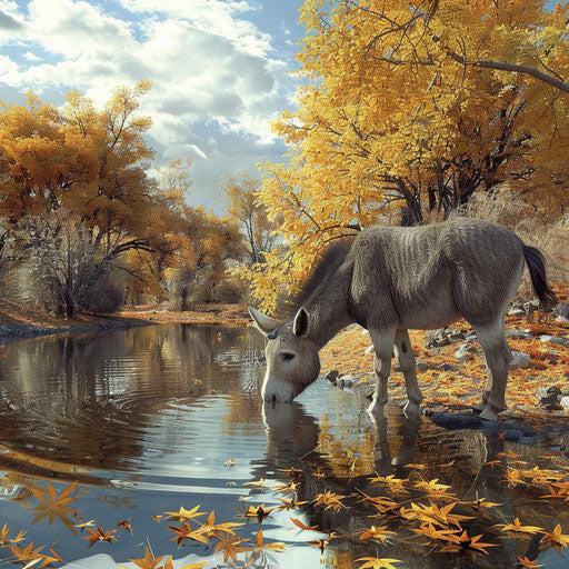 Donkey drinking from a peaceful pond with autumn leaves – IMAGELLA