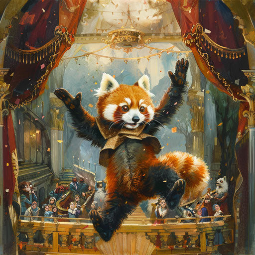A red panda dancing ballet on a grand stage with an enchanted audience ...