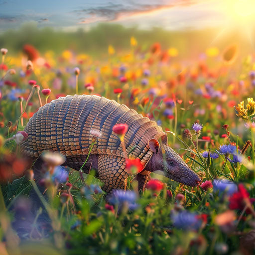 An armadillo foraging in a vibrant wildflower meadow at sunrise – IMAGELLA