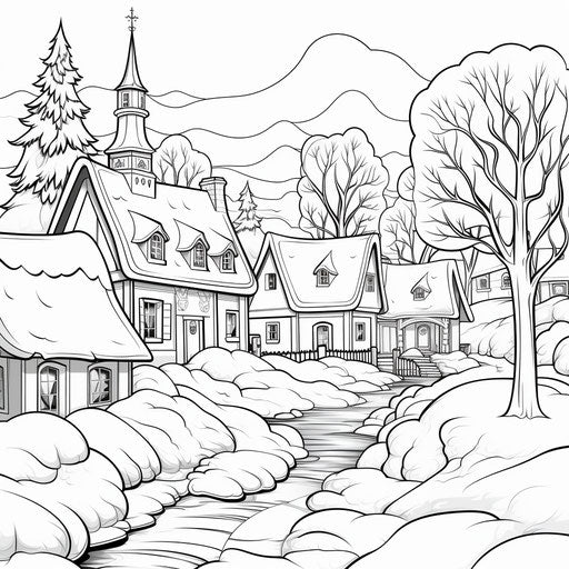 Winter village coloring page, cartoonish innocence style – IMAGELLA