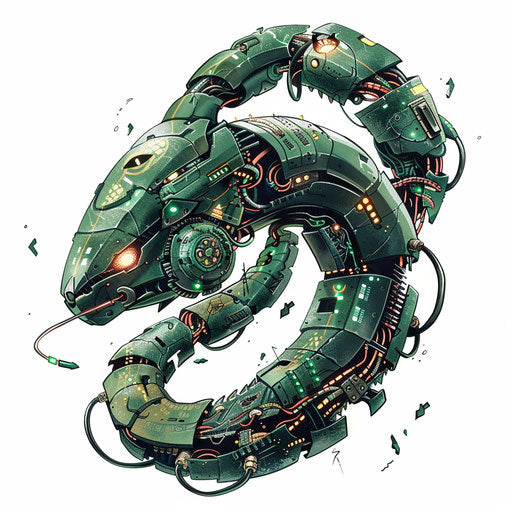 Mechanical serpent tattoo design with circuit board scales, glowing ...