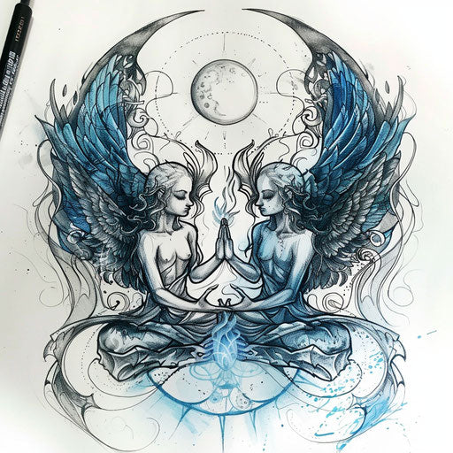 Tranquil sketch of an angel and devil meditating, zen style – IMAGELLA