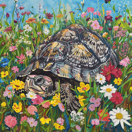 A turtle nestled in a bed of colorful wildflowers, breathing in the ...
