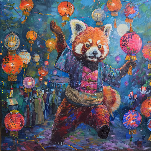 Vibrant painting of a red panda dancing with colorful lanterns – IMAGELLA