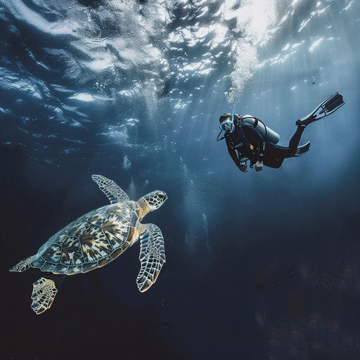 Sea turtle swimming with diver in Tim Flach style – IMAGELLA