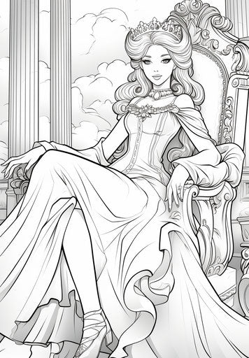 Adult coloring page of a princess sitting on a throne – IMAGELLA
