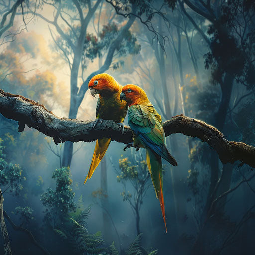 Two swift parrots on a gnarled eucalyptus branch – IMAGELLA