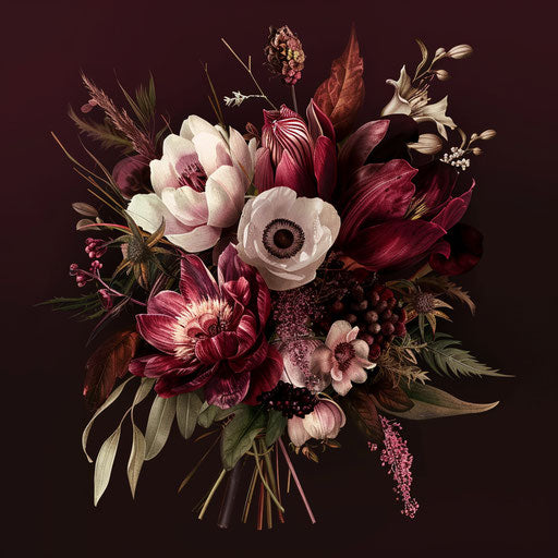 Realistic bouquet clipart on flat, rich burgundy background – IMAGELLA