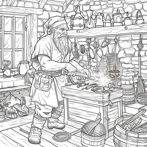 Elf blacksmith forging a magical weapon in a detailed workshop ...