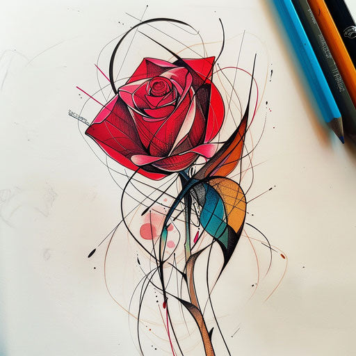 Whimsical tattoo sketch of a red rose with cartoonish lines and bright ...