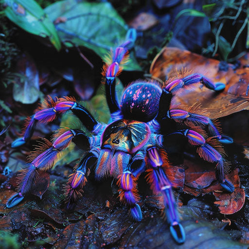 Vibrantly colored tarantula on dark forest floor – IMAGELLA