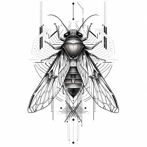 Artistic sketch of a cicada with abstract geometric patterns in flat ...