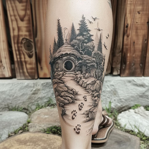 Leg tattoos for women in the style of Peter Jackson with hobbit ...
