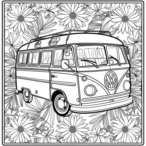 Bus surrounded by vintage floral patterns in the style of Mindy Sommers ...