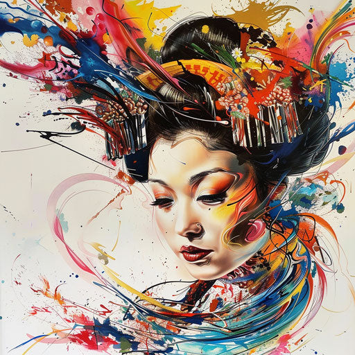 Psychedelic geisha tattoo, swirling colors and abstract forms – IMAGELLA