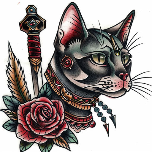 Old school flat tattoo sketch of Bastet with a vintage rose and dagger ...
