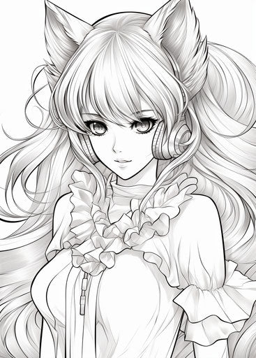 Free anime fox girl coloring pages, in comic art style, dark white and ...