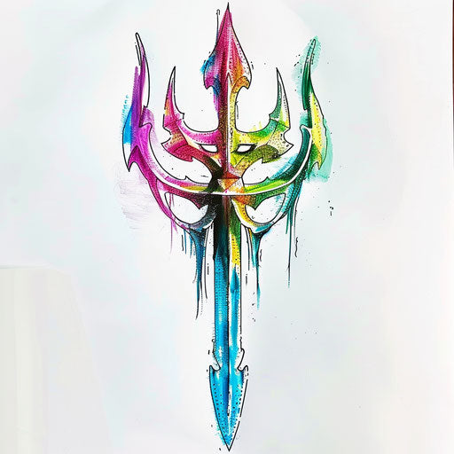 Vibrant neon-colored trident tattoo design on white background – IMAGELLA