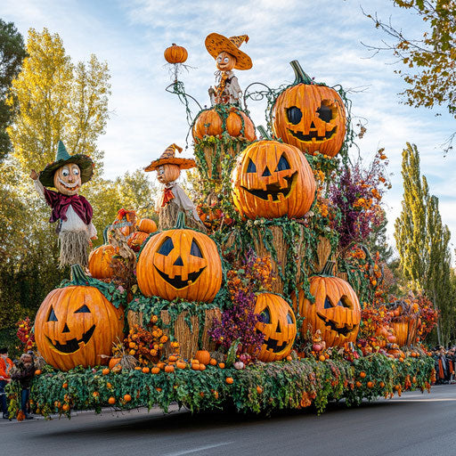 Whimsical pumpkin patch float with towering pumpkins, scarecrows, and ...
