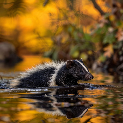 The eastern spotted skunk crossing a shallow stream, with autumn colors ...